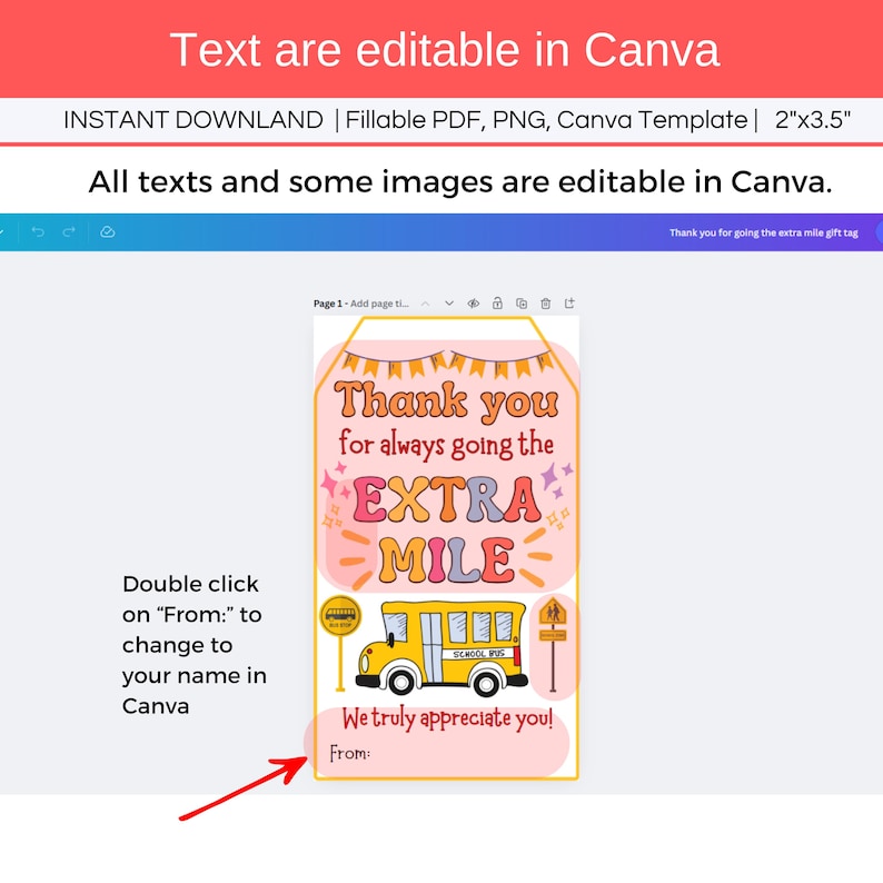 Thank You Going the Extra Mile School Bus Driver Gift Tag Editable, Bus ...