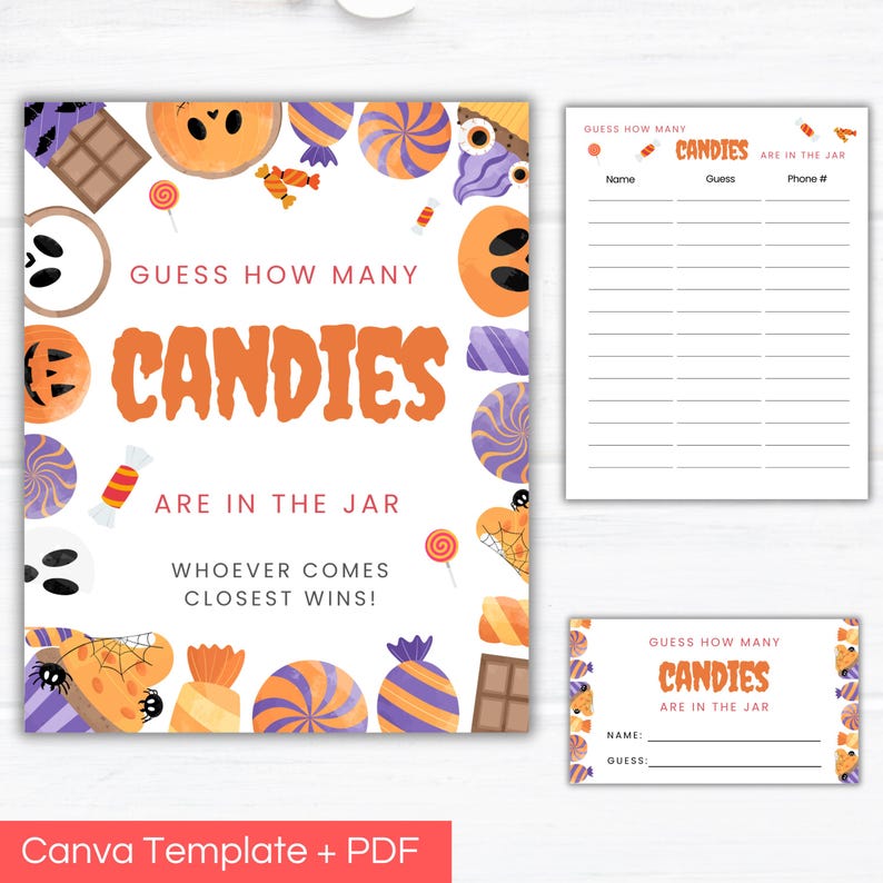 Halloween Candy Guessing Game Printable Sign, Answer Card, Tracking ...
