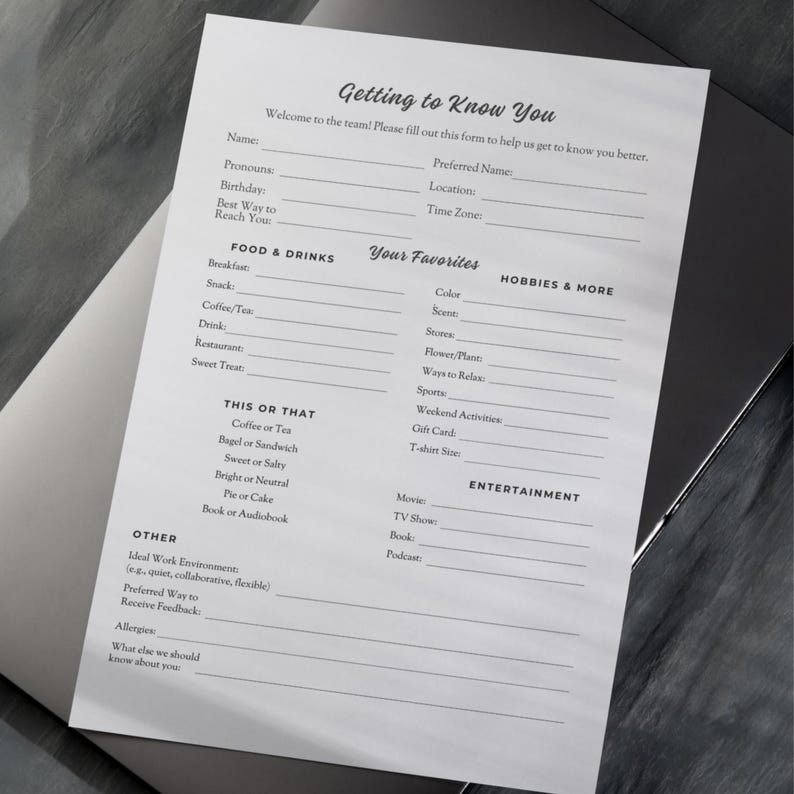 Getting to Know You Form for Employees Printable, Editable All About Me ...