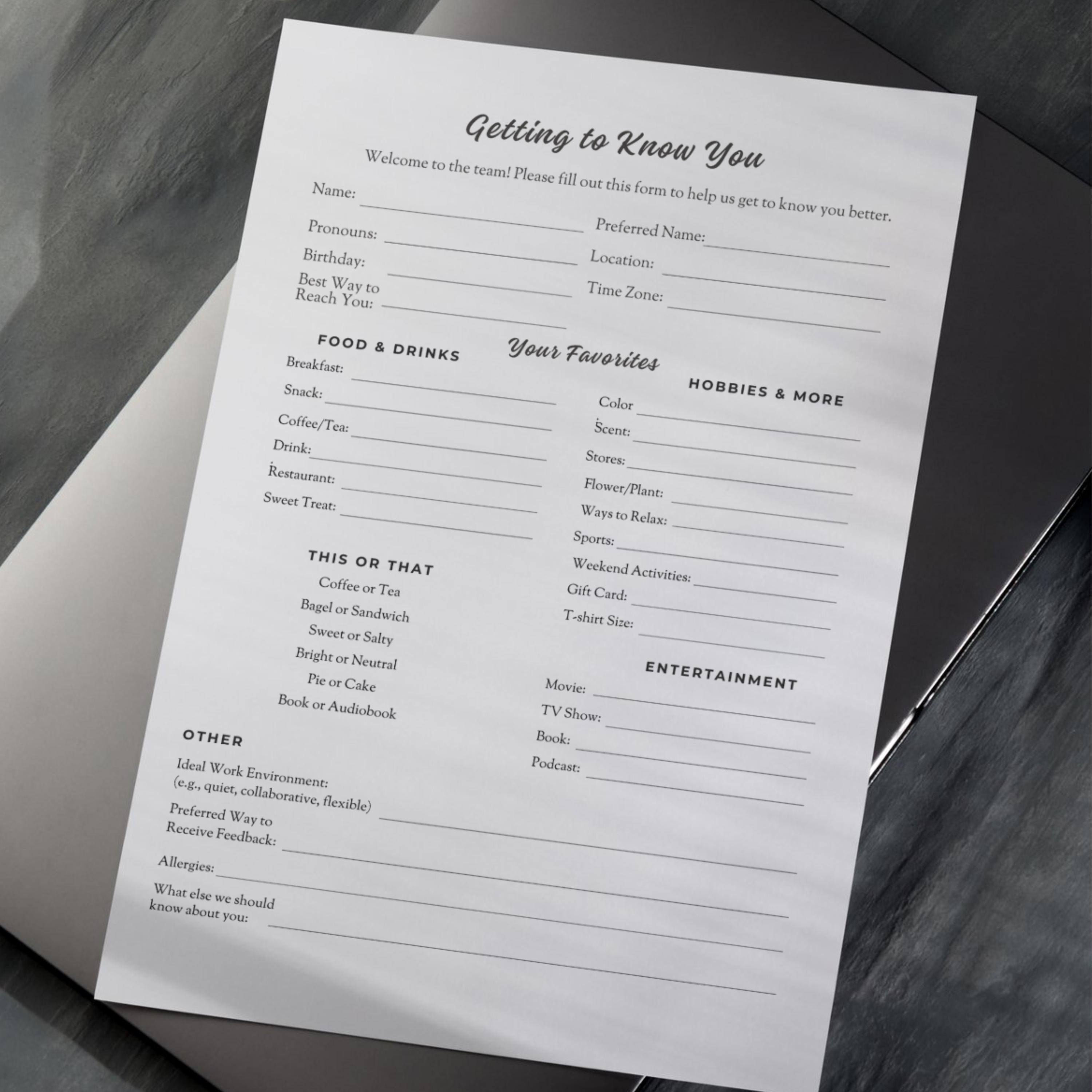 Getting to Know You Form for Employees Printable, Editable All About Me ...