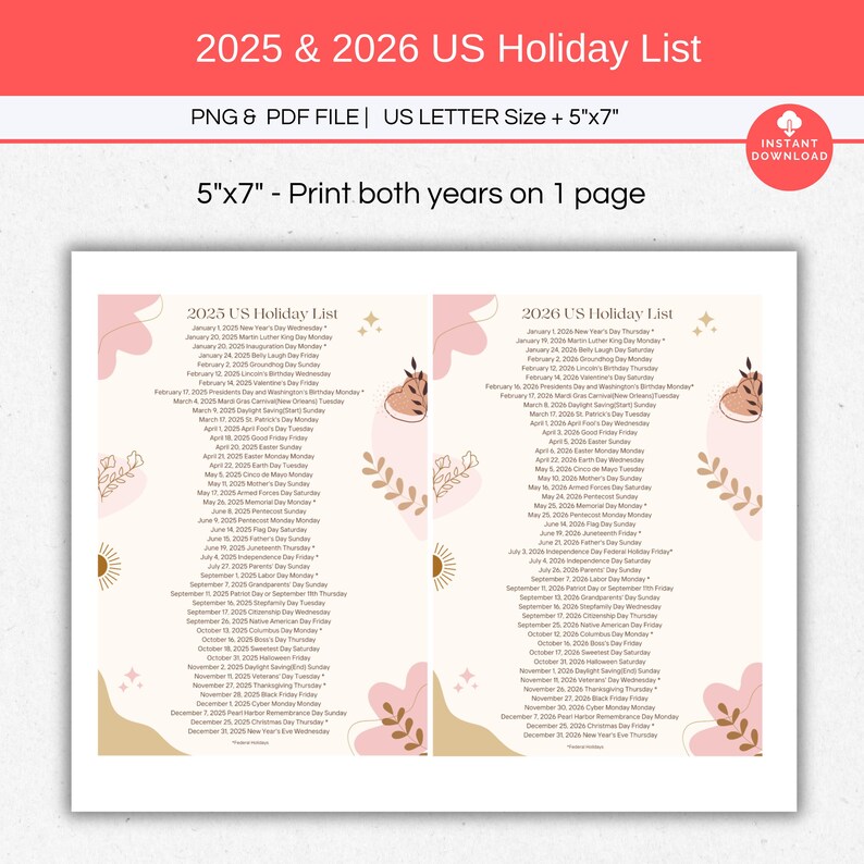 2025 Holiday List, 2026 Holiday List Printable, US Federal Holidays ...