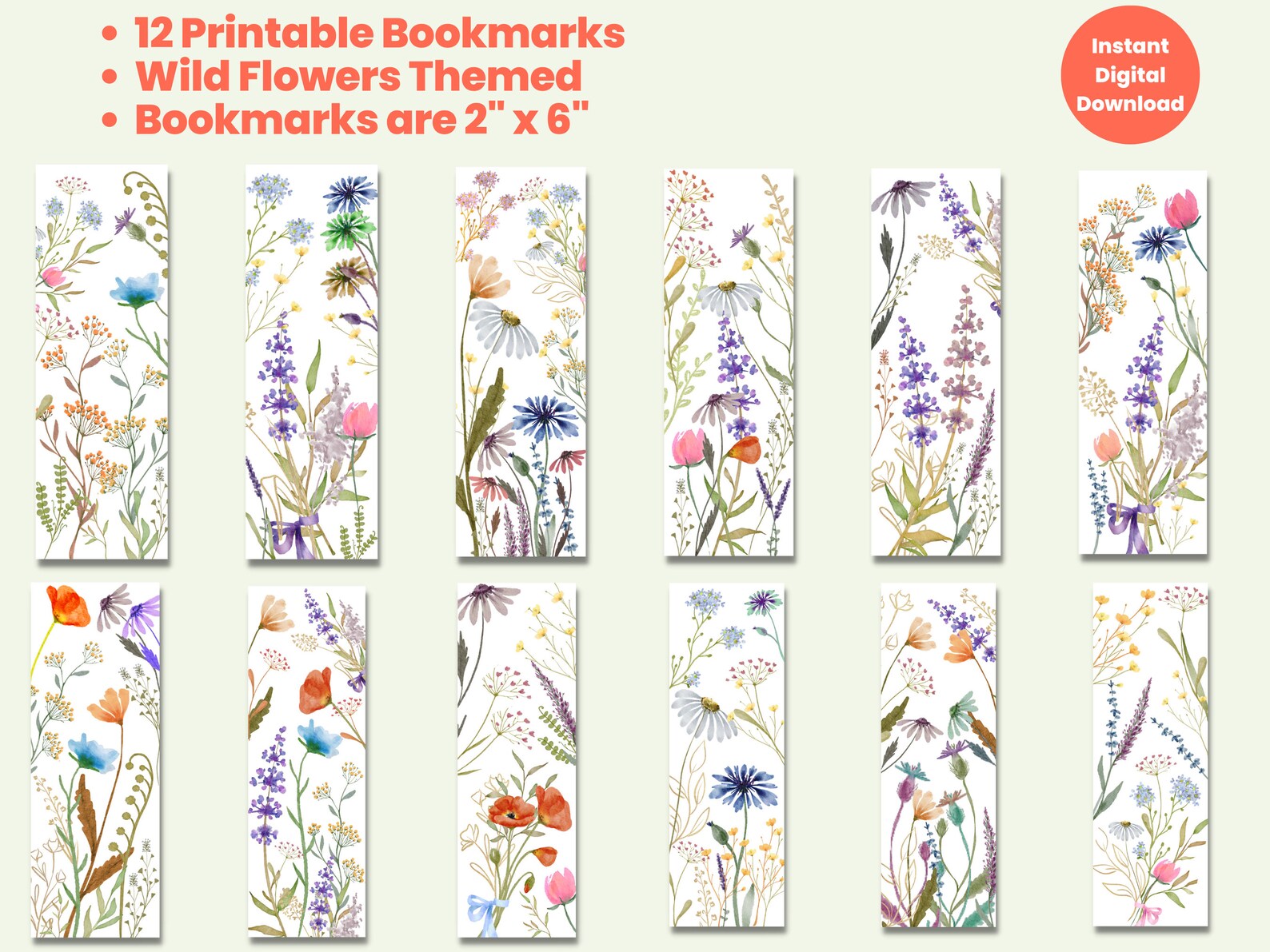 12 Wild Flower Themed Printable Bookmark Set, Watercolor Floral Flower ...