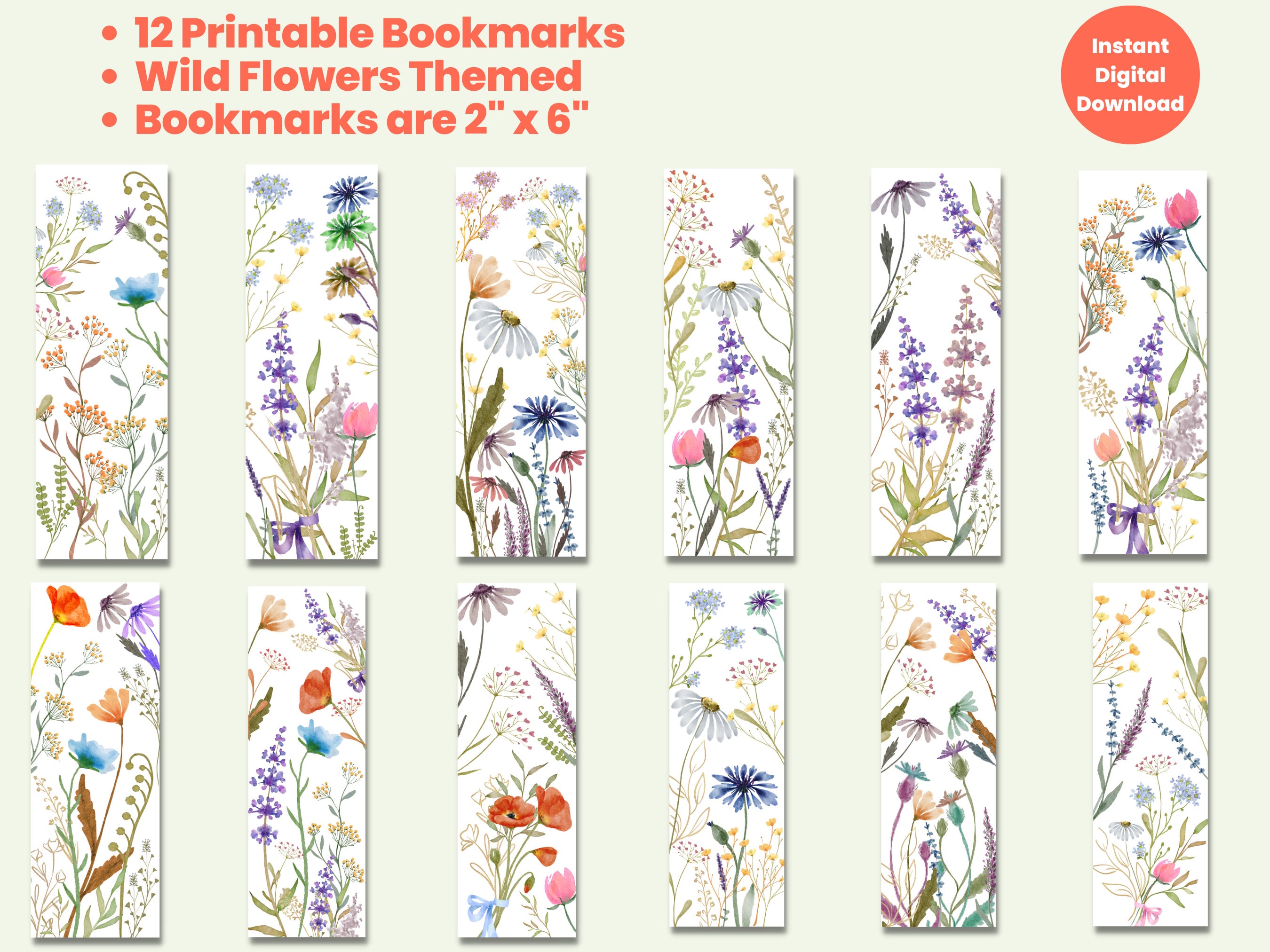 12 Wild Flower Themed Printable Bookmark Set, Watercolor Floral Flower ...