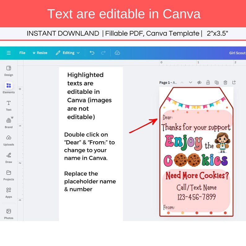 Girl Scout Cookie 2025 Thank You Tag, Editable Cookie Box Delivery Note ...