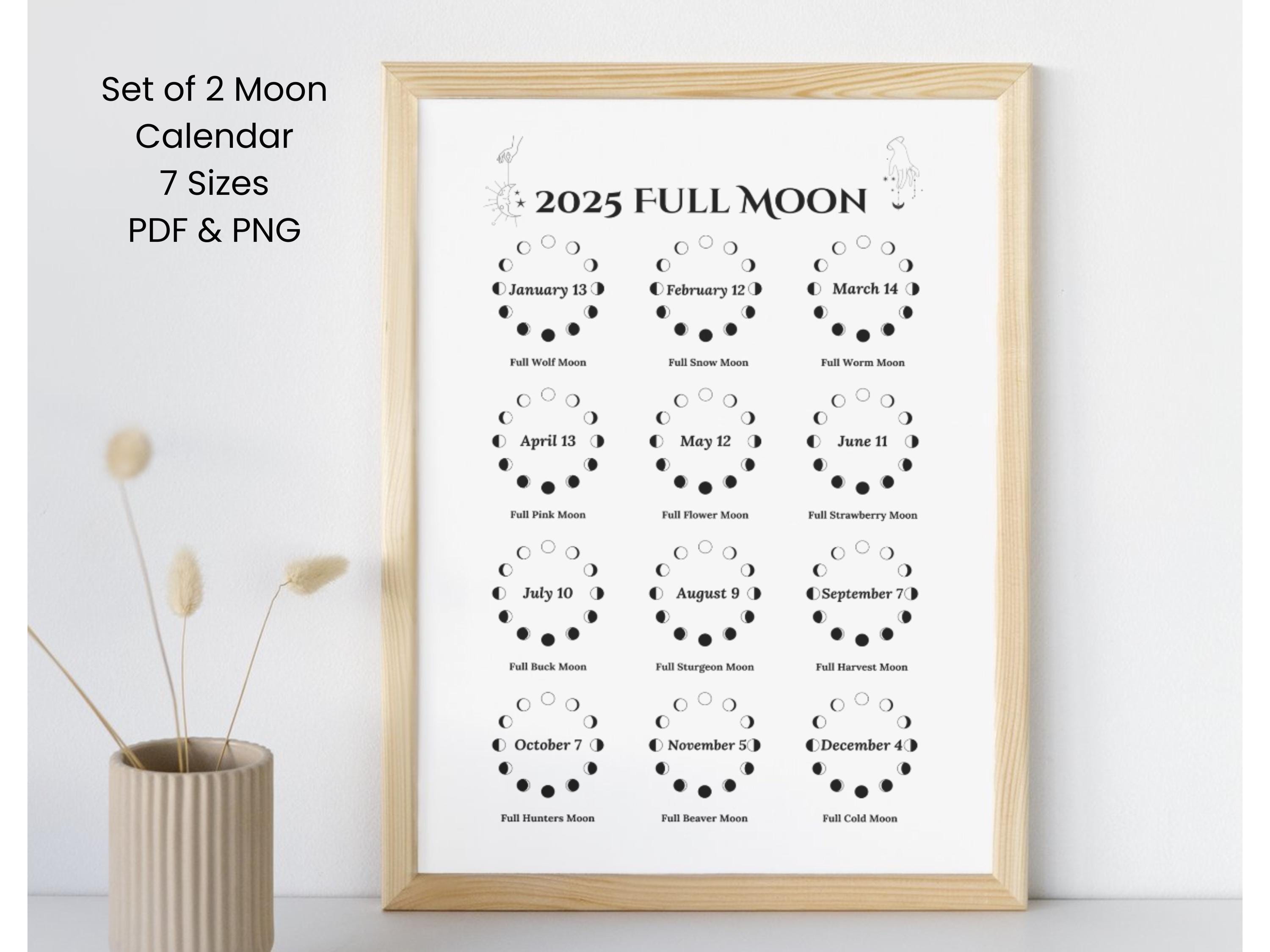 2025 Moon Calendar Printable, Full Moon Calendar, Moon Phase Calendar ...