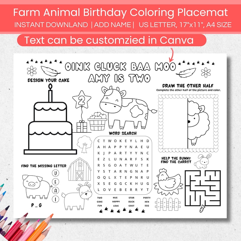 Farm Animal Birthday Party Coloring Page Activity Placemat Sheet, Oink ...