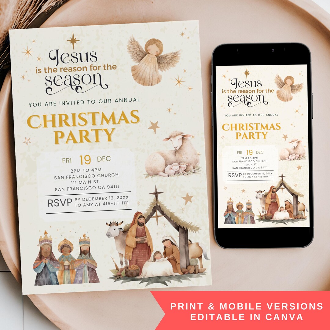 Nativity Christmas Party Invitation Template, Editable Religious ...