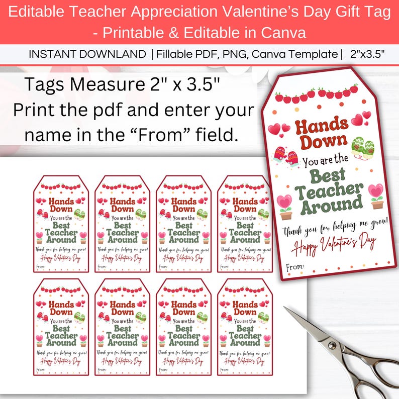 Hands Down You're the Best Teacher Gift Tag Editable, Valentine's Day ...