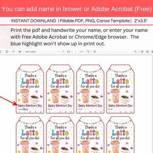 Editable Thanks A Latte Valentine Gift Tag, Coffee Valentine Gift Tag ...