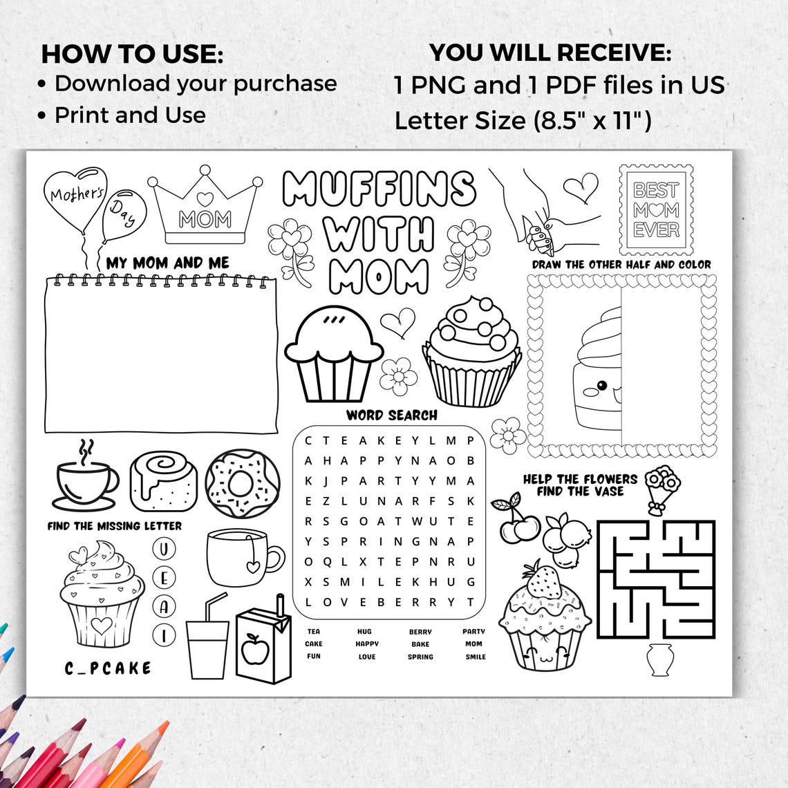 Muffins With Mom Mother's Day Activity Coloring Placemat Printable, Kid ...