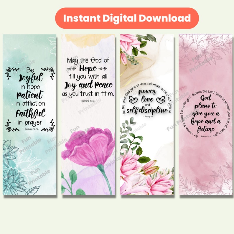 12 Bible Verses Printable Bookmark Set, Watercolor Floral Bookmarks ...