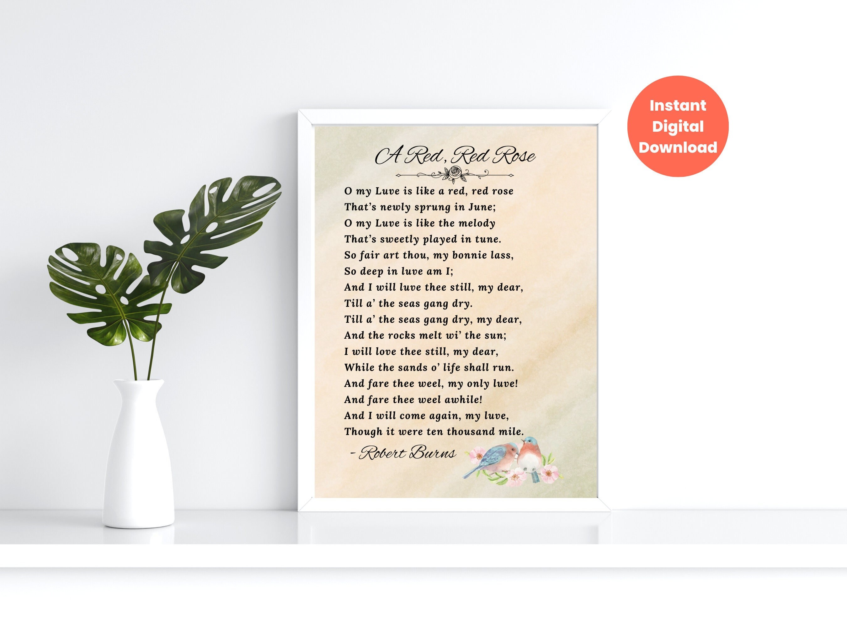 A Red Red Rose Love Poem by Robert Burns, Printable Love Poem, Wedding ...