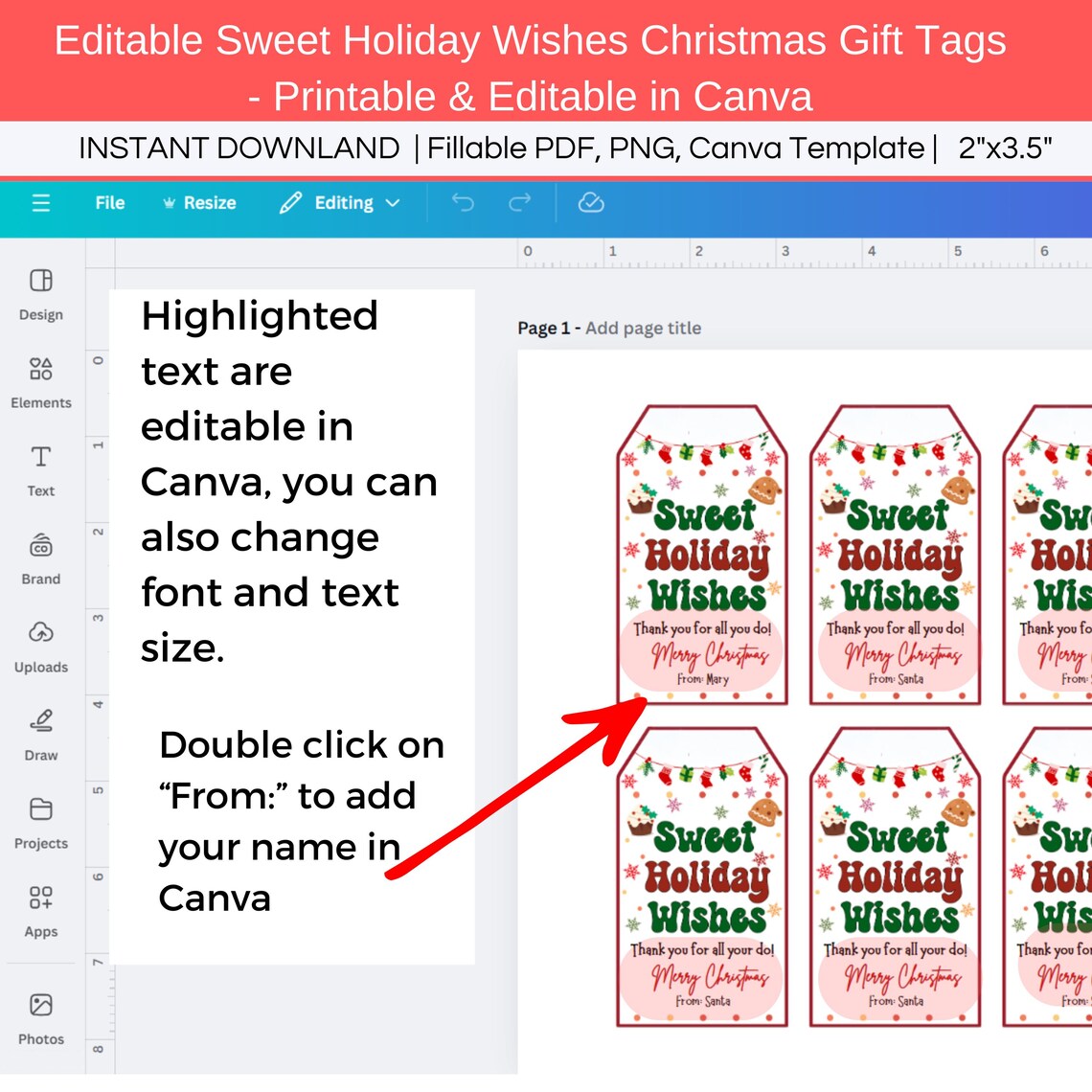 Sweet Holiday Wishes Christmas Gift Tag Printable, Editable Holiday ...
