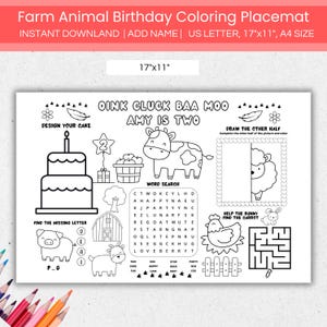 Farm Animal Birthday Party Coloring Page Activity Placemat Sheet, Oink ...