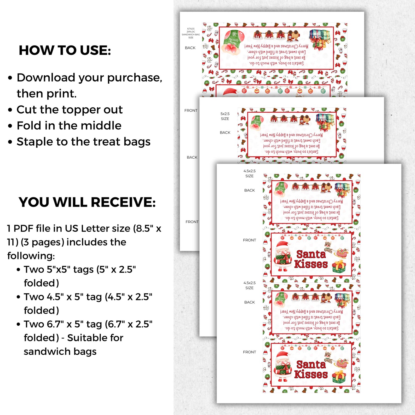 Santa Kisses Treat Bag Tag Topper Printable, Santa Kisses Label, Winter ...