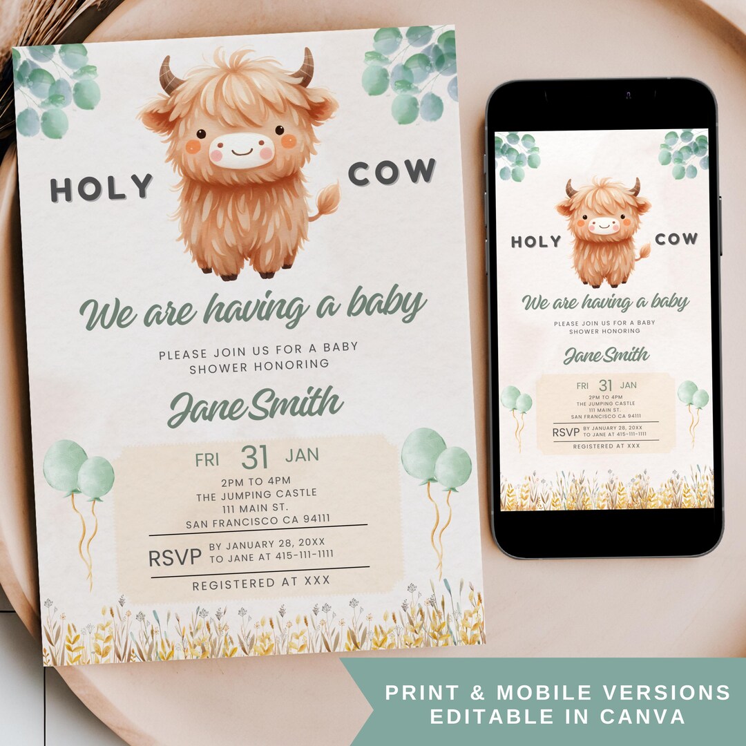 Highland Cow Baby Shower Invite Editable, Holy Cow We're Having a Baby ...