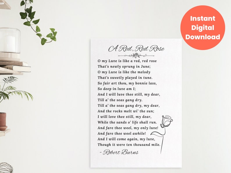 A Red Red Rose Love Poem by Robert Burns, Printable Love Poem, Wedding ...