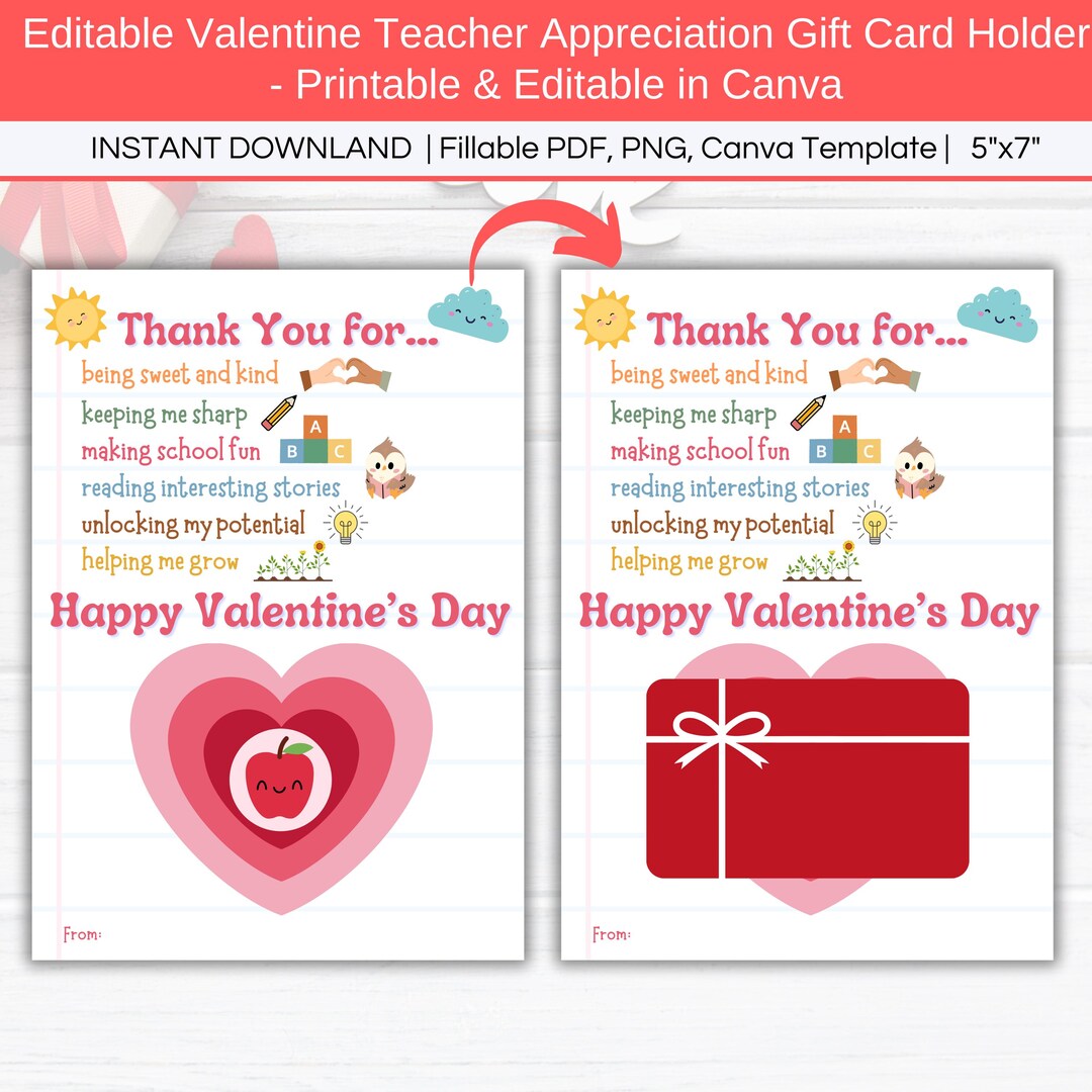 Valentine Gift Card Holder for Teacher, Printable Valentine, Editable ...