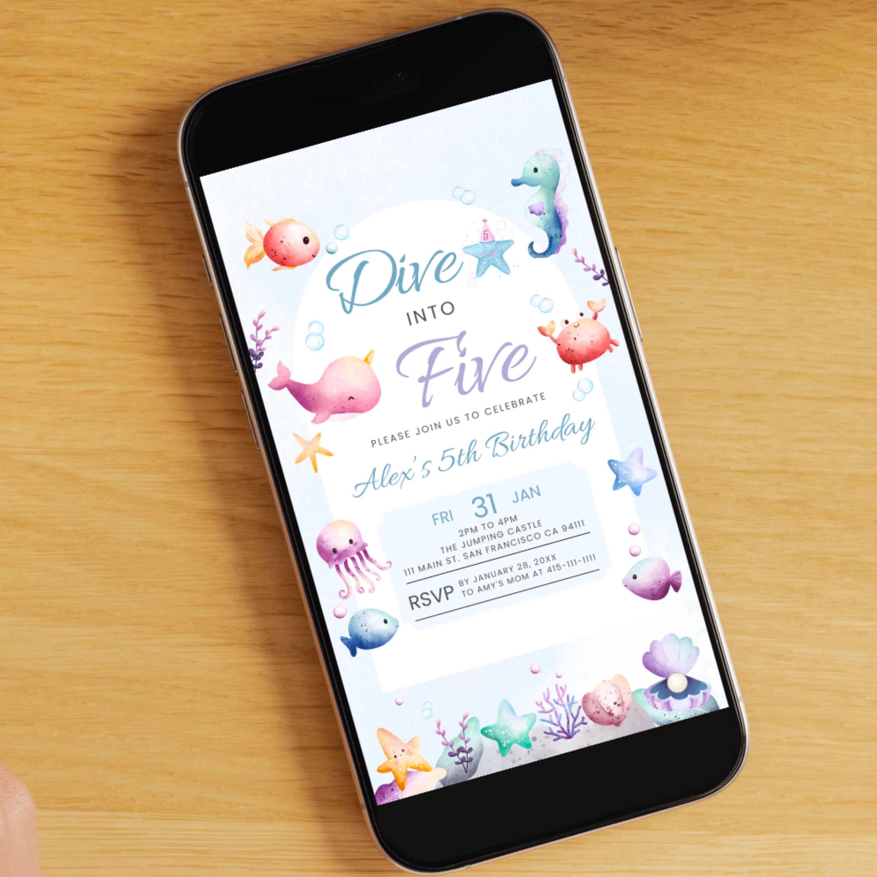 Dive Into Five Birthday Invitation, Editable Ocean Sea Creature Theme ...