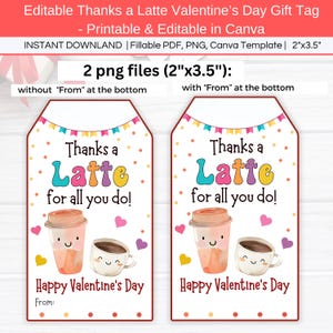 Editable Thanks A Latte Valentine Gift Tag, Coffee Valentine Gift Tag ...