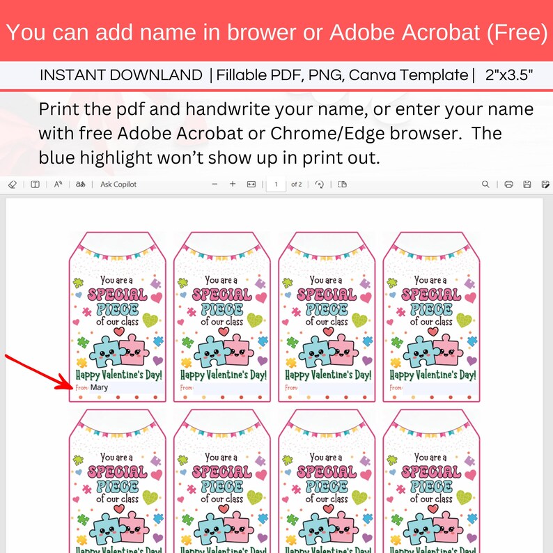 You Are a Special Piece of Our Class Valentine Gift Tag Printable ...