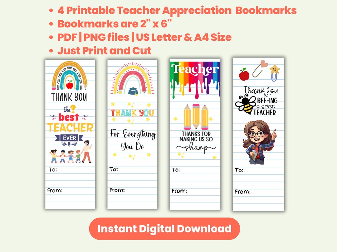 Printable Teacher Appreciation Bookmark Set, Teacher Bookmark, Thank ...