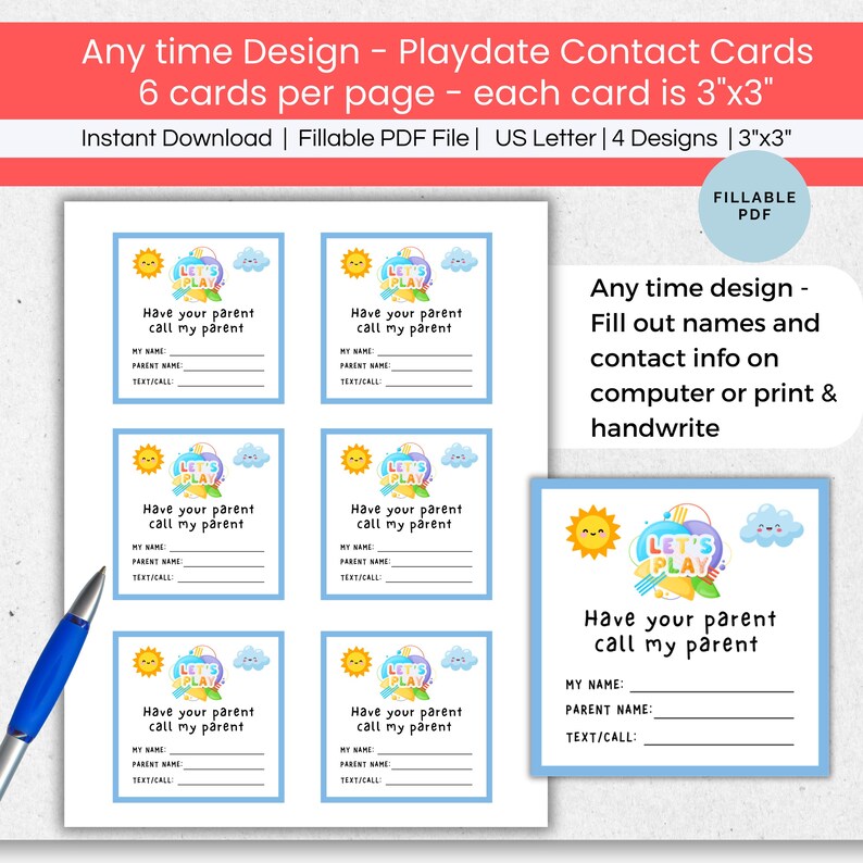 Printable Kids Playdate Cards, Fillable Keep in Touch Cards, Kids ...