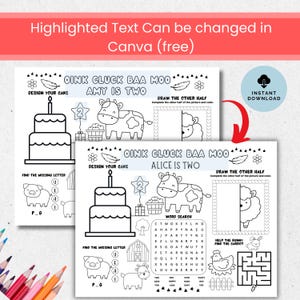 Farm Animal Birthday Party Coloring Page Activity Placemat Sheet, Oink ...