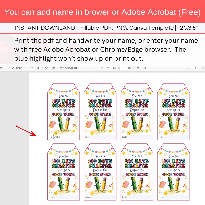 100 Days of School Tag Printable, Editable 100 Days Sharper Pencil Tag ...