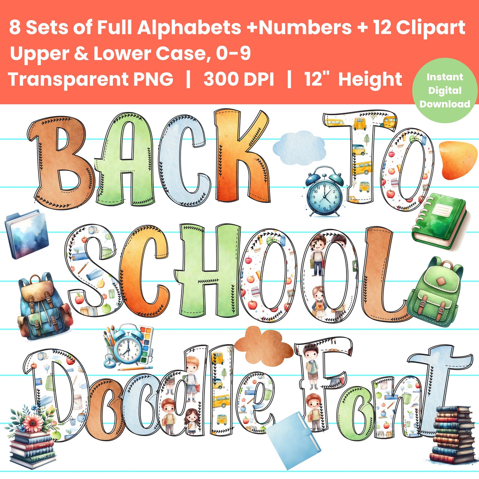 Teacher Watercolor Doodle Alphabet Bundle, 8 Full Sets Back to School ...