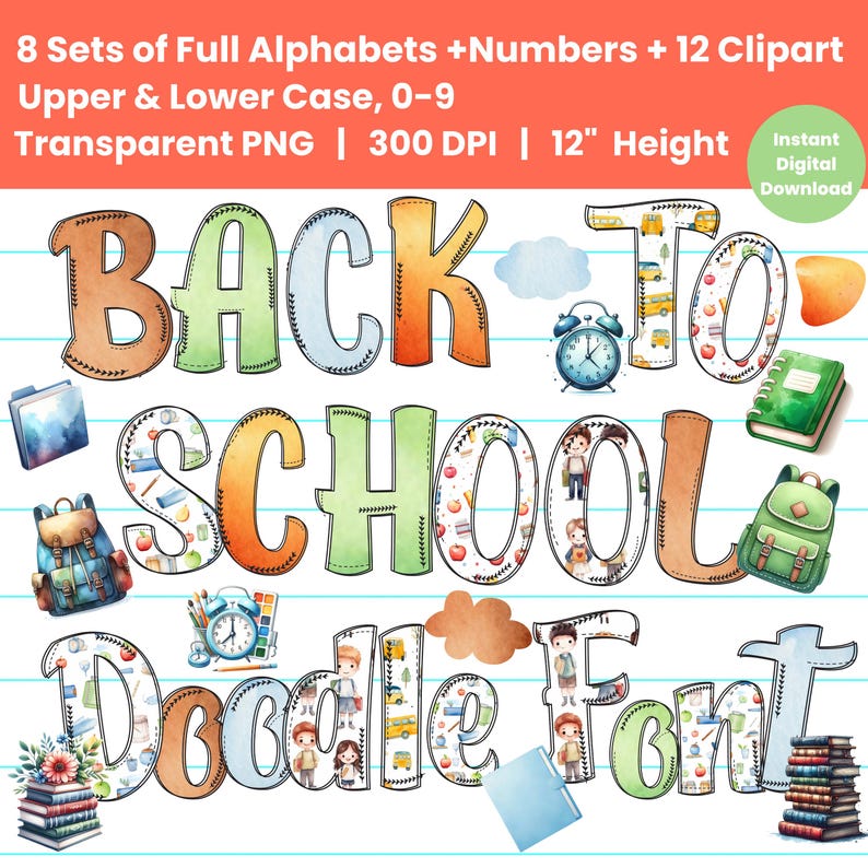 Teacher Watercolor Doodle Alphabet Bundle, 8 Full Sets Back to School ...