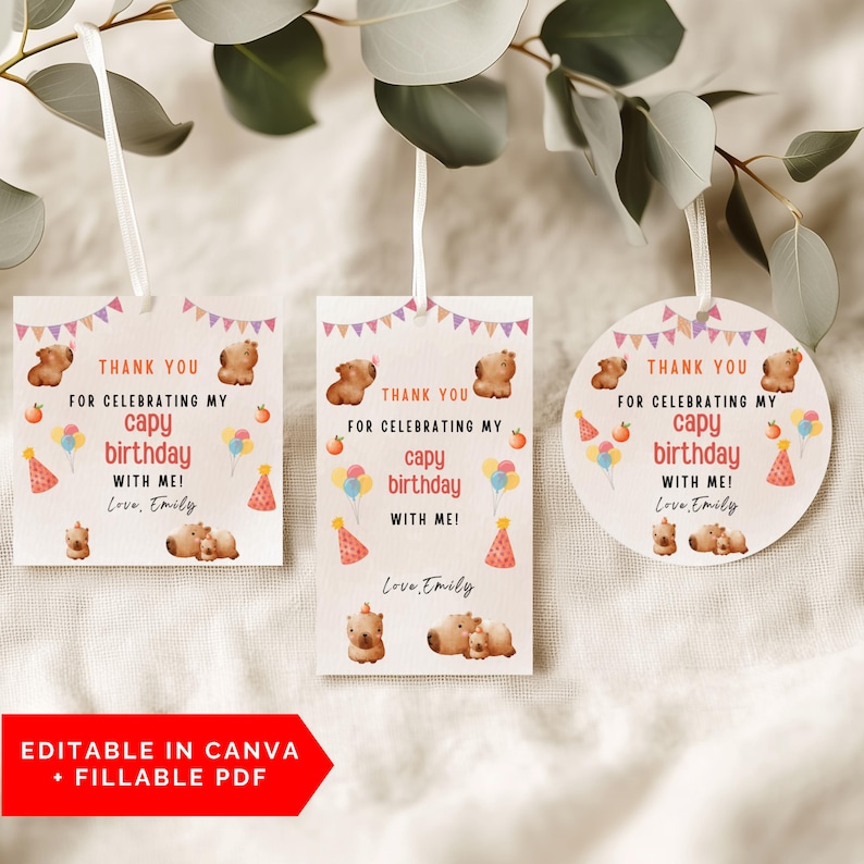 Capybara Thank You Birthday Party Favor Tag, Editable Cute Capybara ...