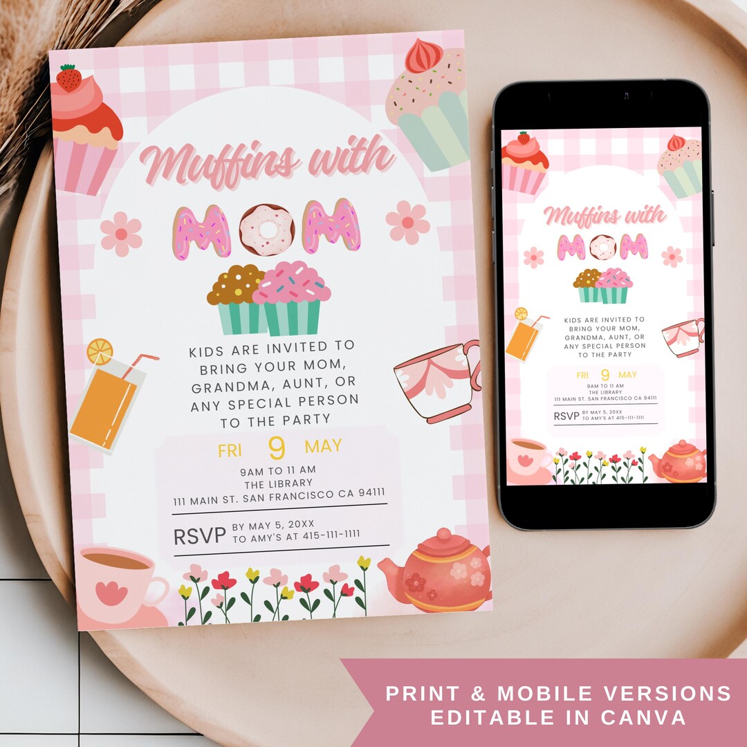 Muffins With Mom Invitation, Editable School Mother's Day Party ...