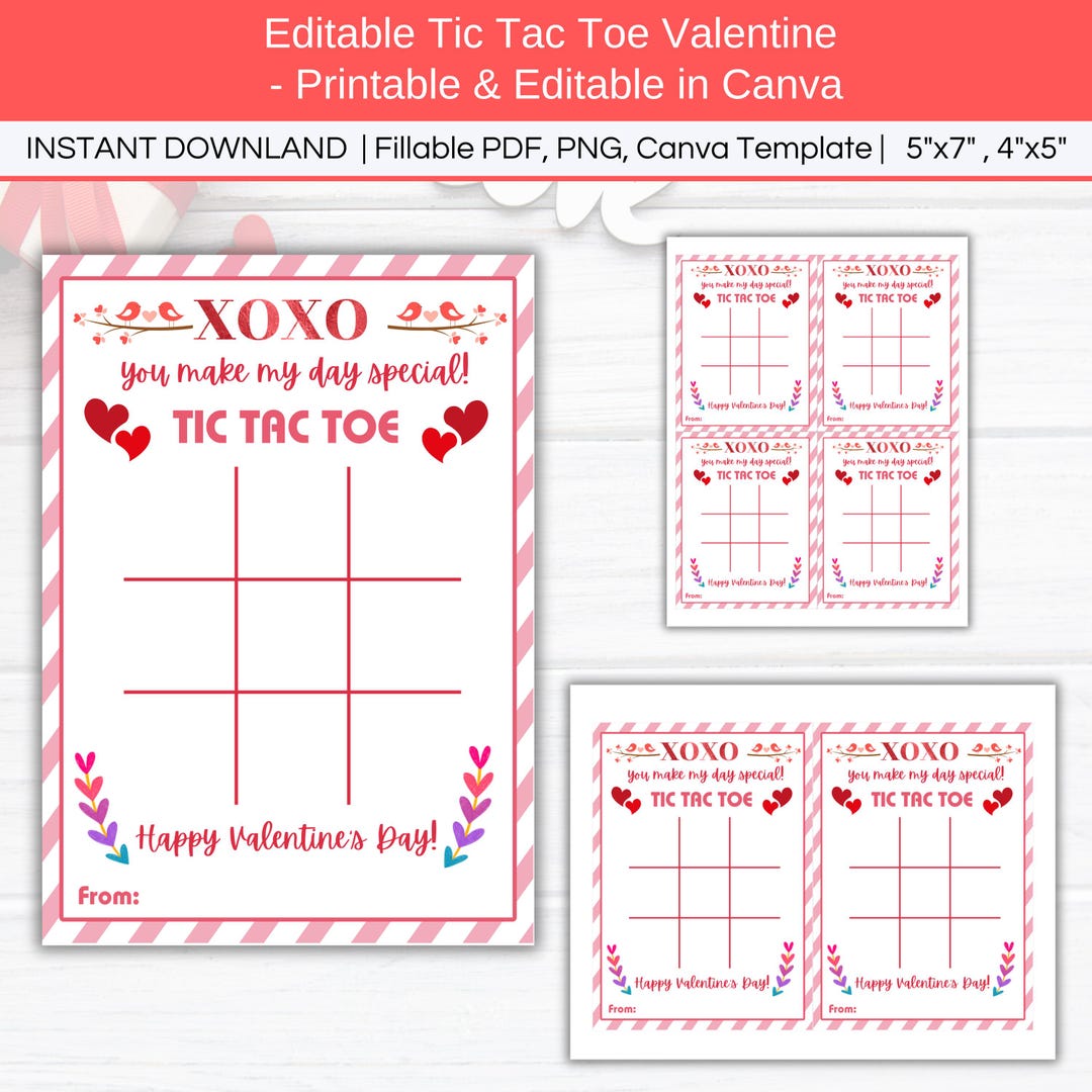 Tic Tac Toe Valentine's Day Cards, Editable Kids XOXO Valentine Gift ...