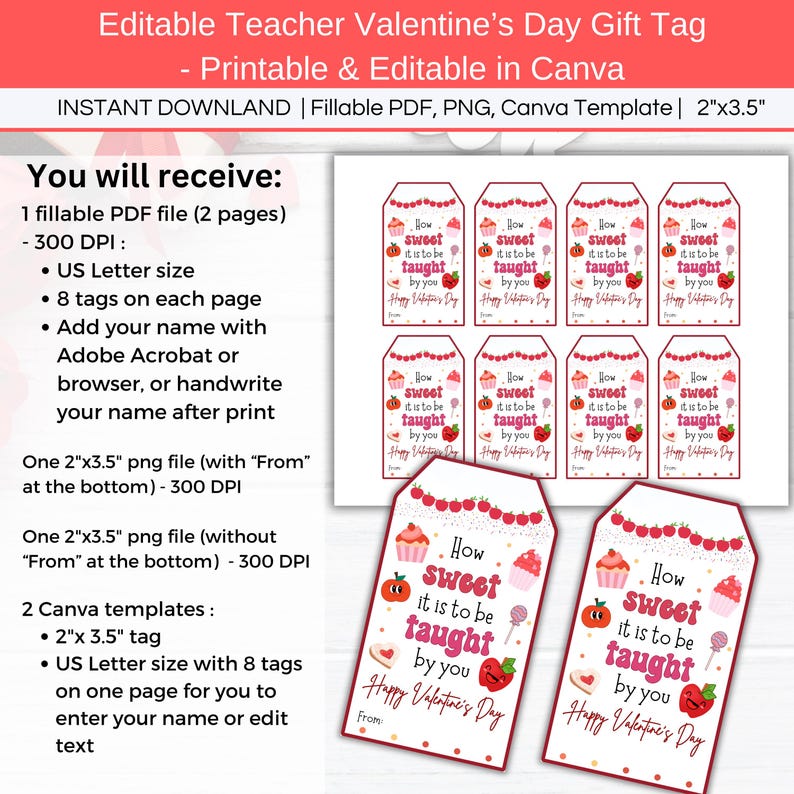 How Sweet It is to Be Taught by You Printable Valentine Tag, Editable ...