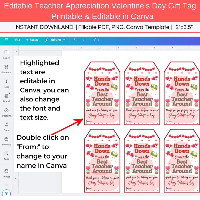 Hands Down You're the Best Teacher Gift Tag Editable, Valentine's Day ...