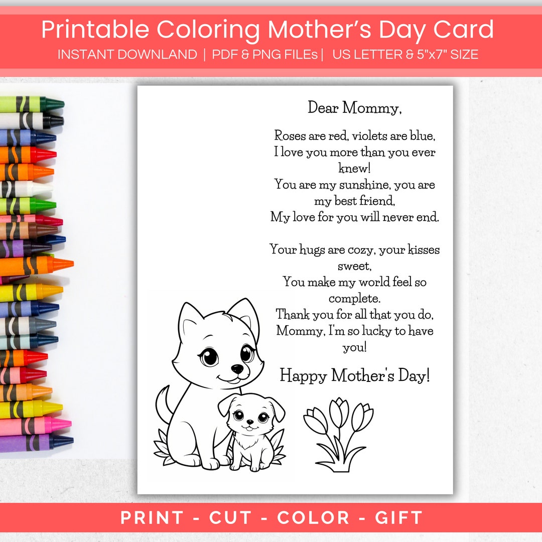Printable Mother's Day Coloring Card With Poem, Mother's Day Poem, DIY ...