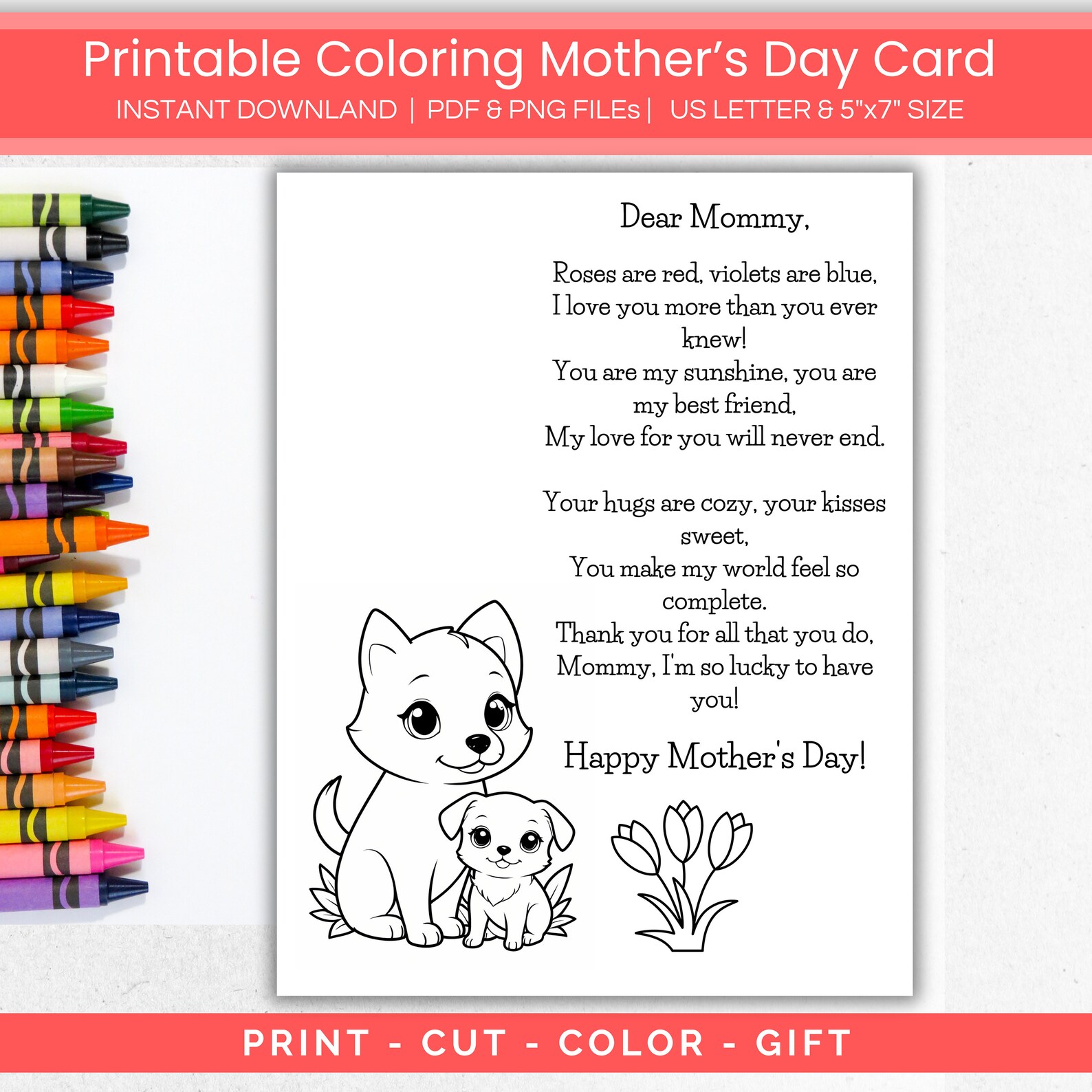 Printable Mother's Day Coloring Card With Poem, Mother's Day Poem, DIY ...