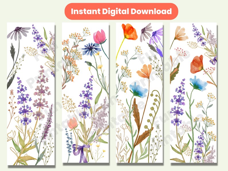 12 Wild Flower Themed Printable Bookmark Set, Watercolor Floral Flower ...