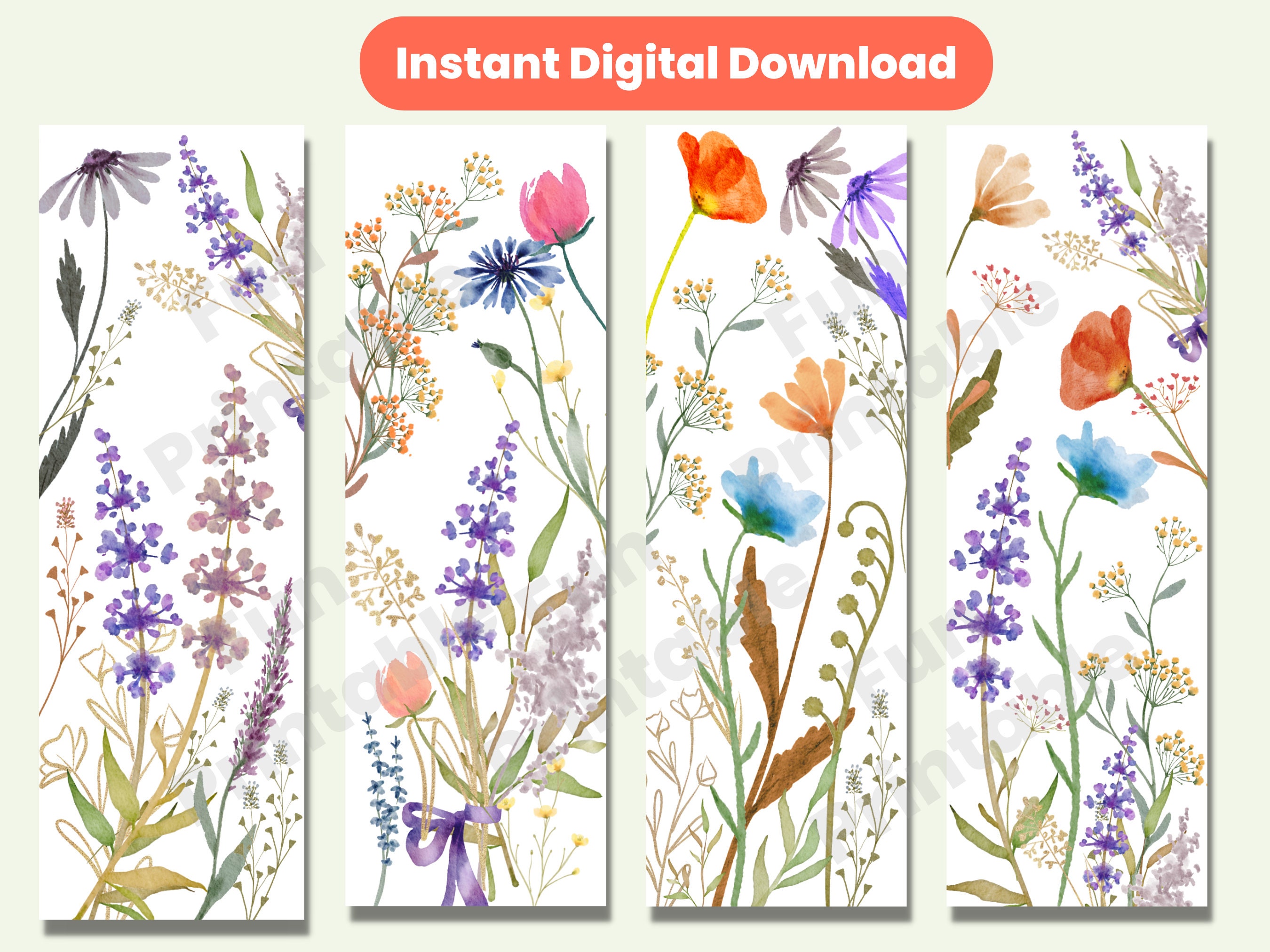 12 Wild Flower Themed Printable Bookmark Set, Watercolor Floral Flower ...