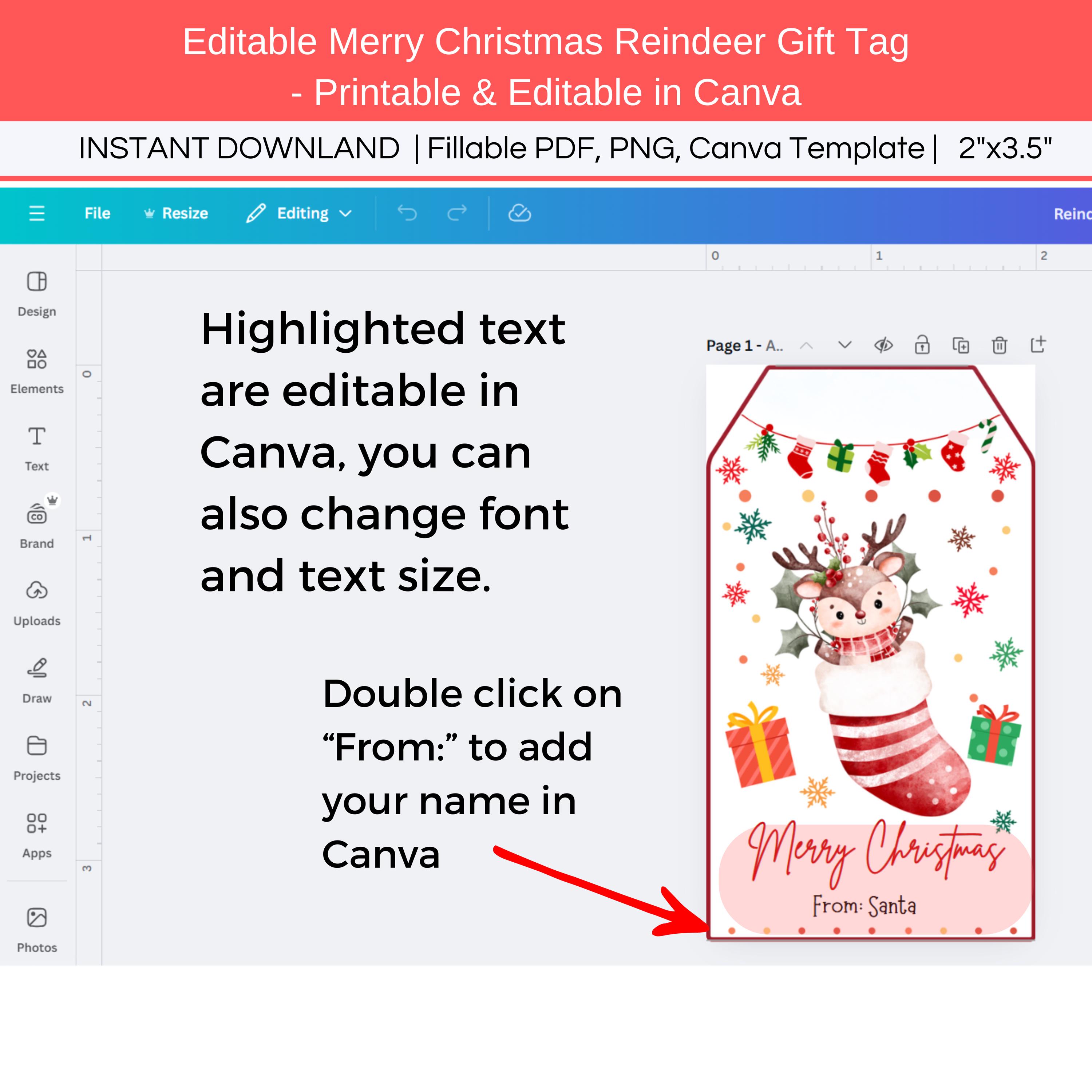 Printable Reindeer Gift Tags, Editable Christmas Treat Tags, Merry ...