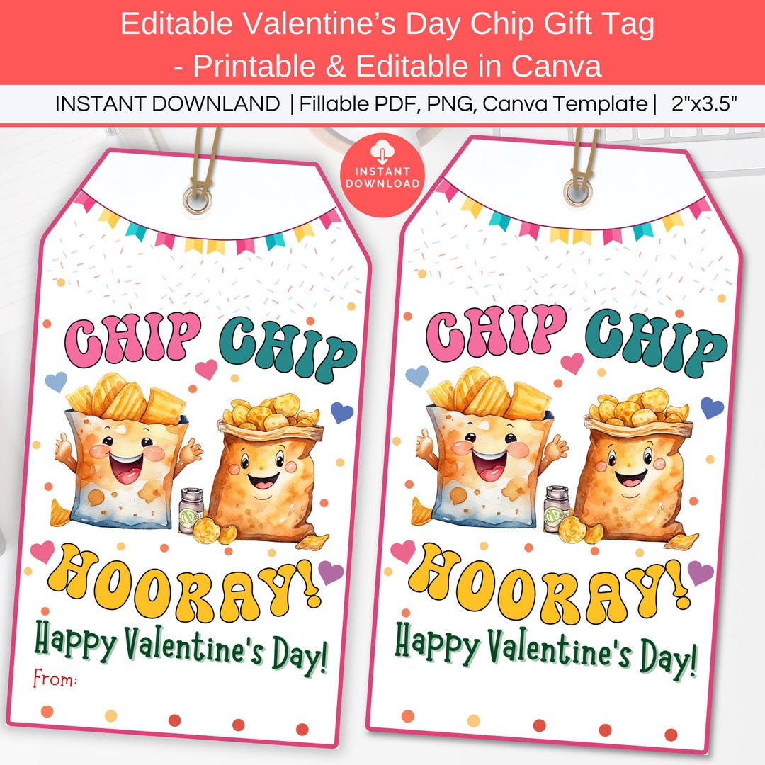 Valentine's Day Chip Chip Hooray Tags, Classroom Valentine Gift Label ...
