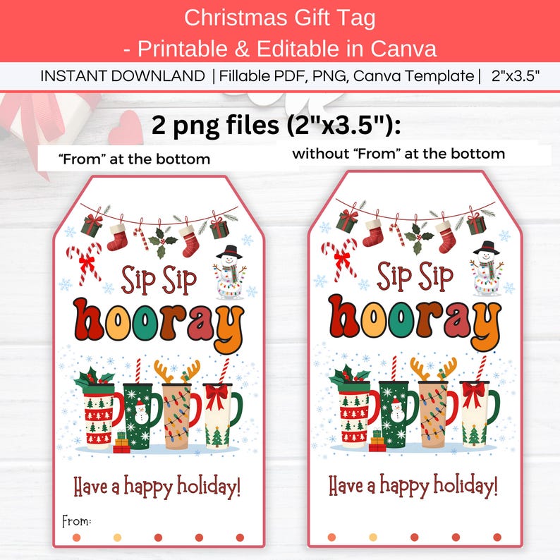 Sip Sip Hooray Teacher Tag Printable, Editable Happy Holiday Christmas ...