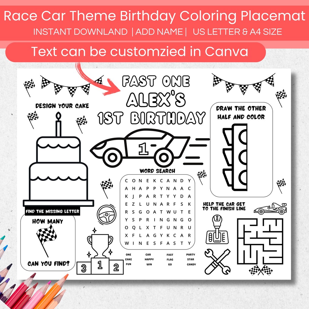 Editable Race Car Birthday Party Activity Placemat Coloring Sheet ...
