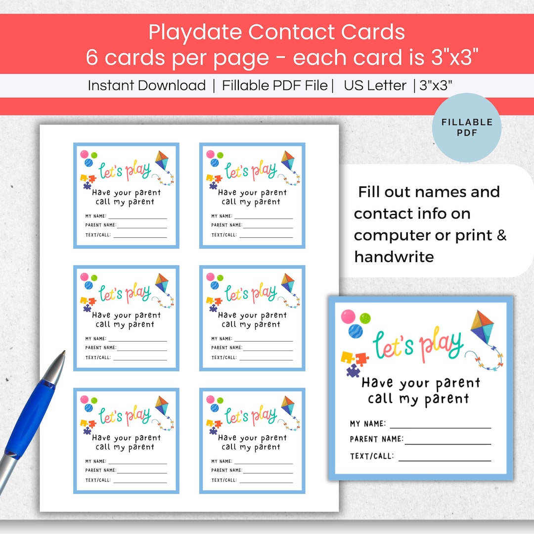 Printable Kids Playdate Cards, Fillable Keep in Touch Cards, Kids ...