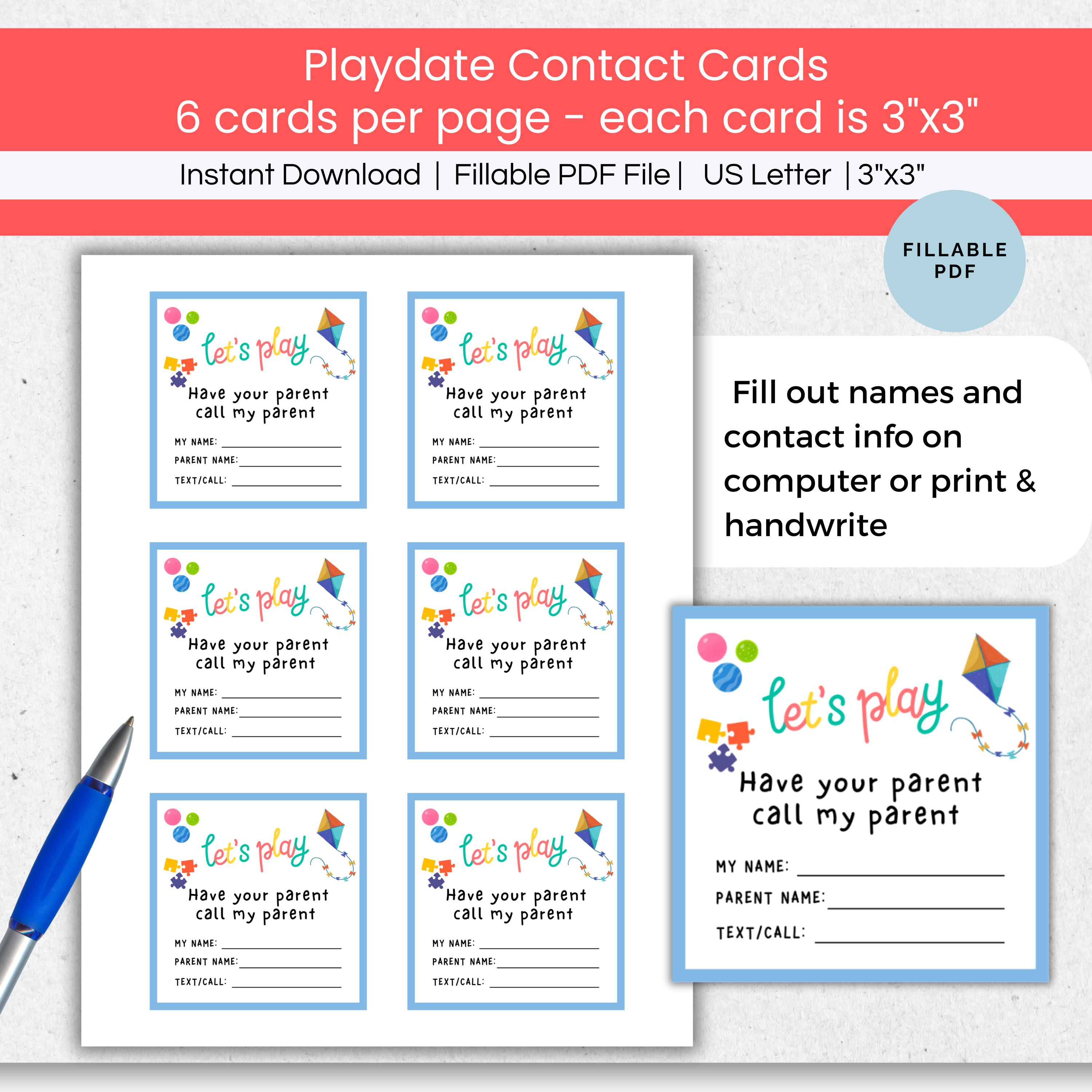 Printable Kids Playdate Cards, Fillable Keep in Touch Cards, Kids ...