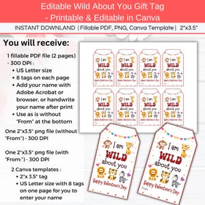 Wild About You Tag Printable, Editable Valentine Animal Cracker Tags ...