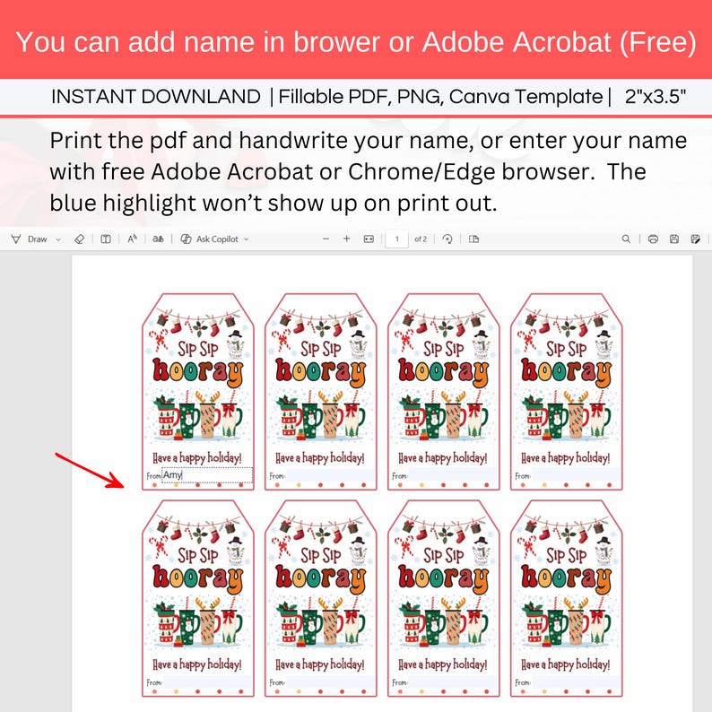 Sip Sip Hooray Teacher Tag Printable, Editable Happy Holiday Christmas ...