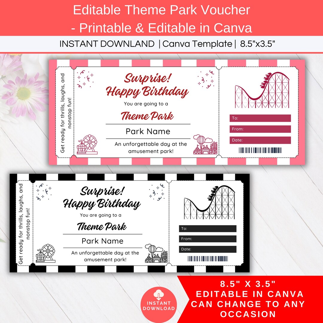 Theme Park Coupon Gift Voucher, Surprise Birthday Amusement Park ...