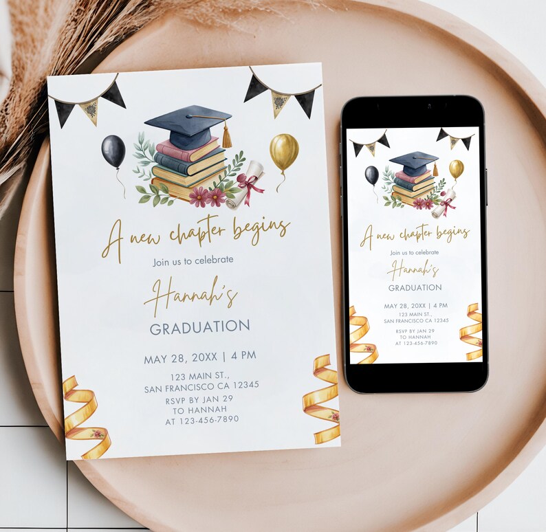 A New Chapter Begins Graduation Party Invitation, Editable Book Theme ...